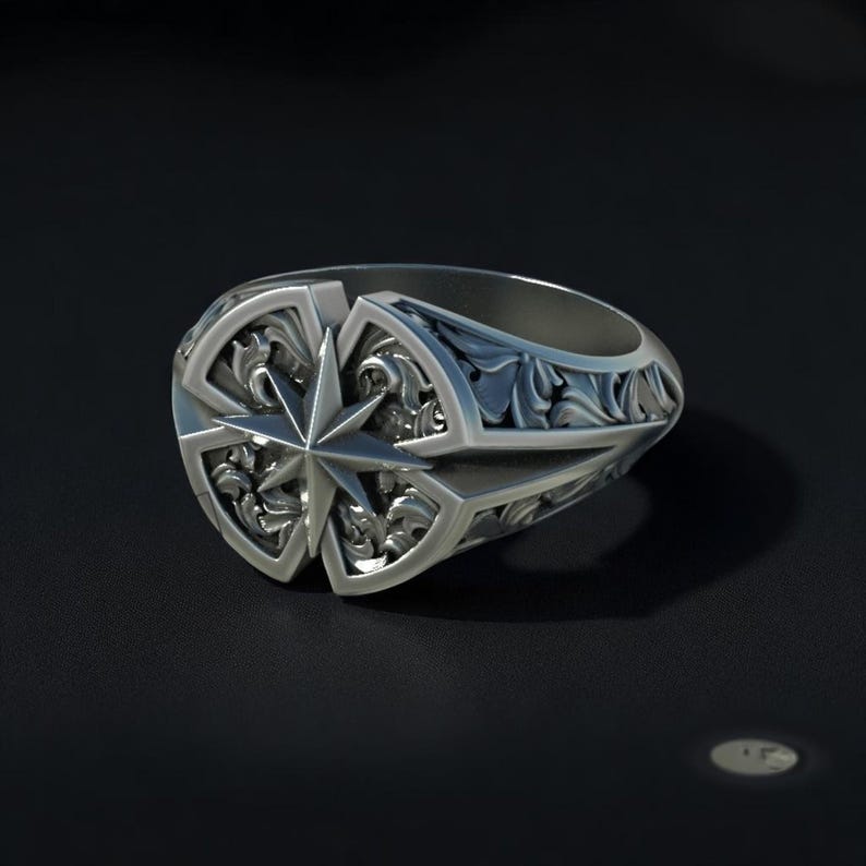 Compass Rose Ring for Men With Windrose Traveler Symbol – Handmade ...