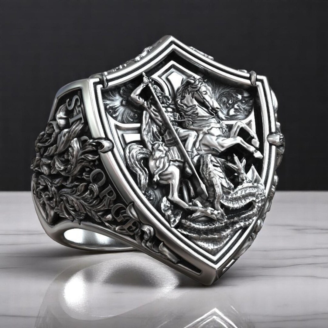 Saint George Dragon Slayer Ring – Shield Cross Signet for Christian ...