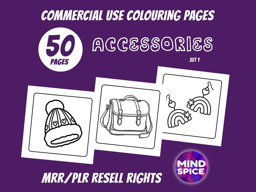 ACCESSORIES (set 1), 50 Colouring Sheets, 50 Coloring Pages, Commercial ...