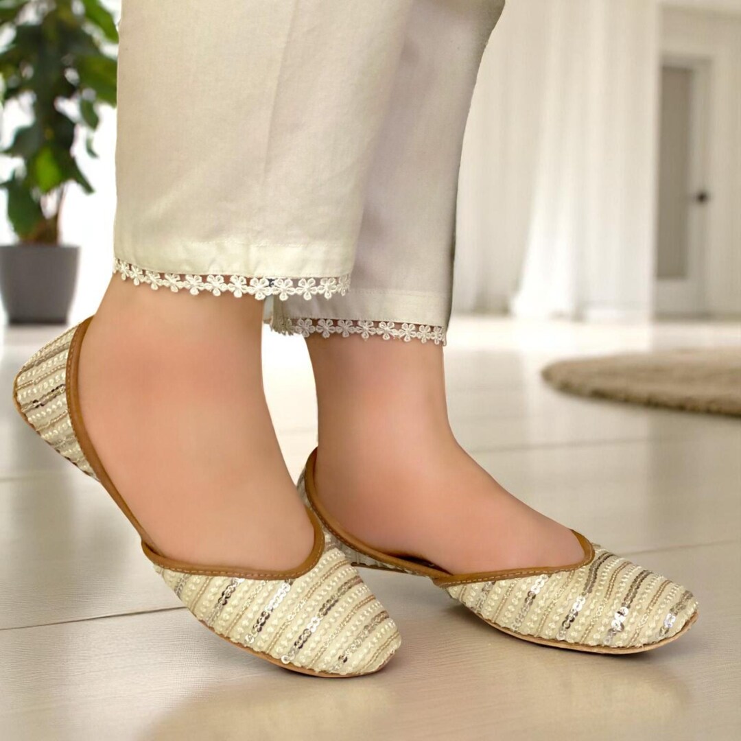 White Sequin Embroidered Indian Jutti for Women – Handmade Ethnic Slip ...