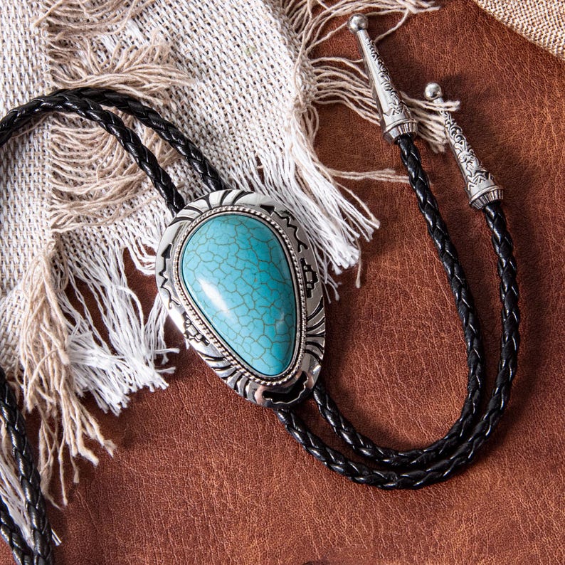 Cowboy Bolo Tie, Wedding Bolo Tie With Leather Cord, Southwestern Blue ...