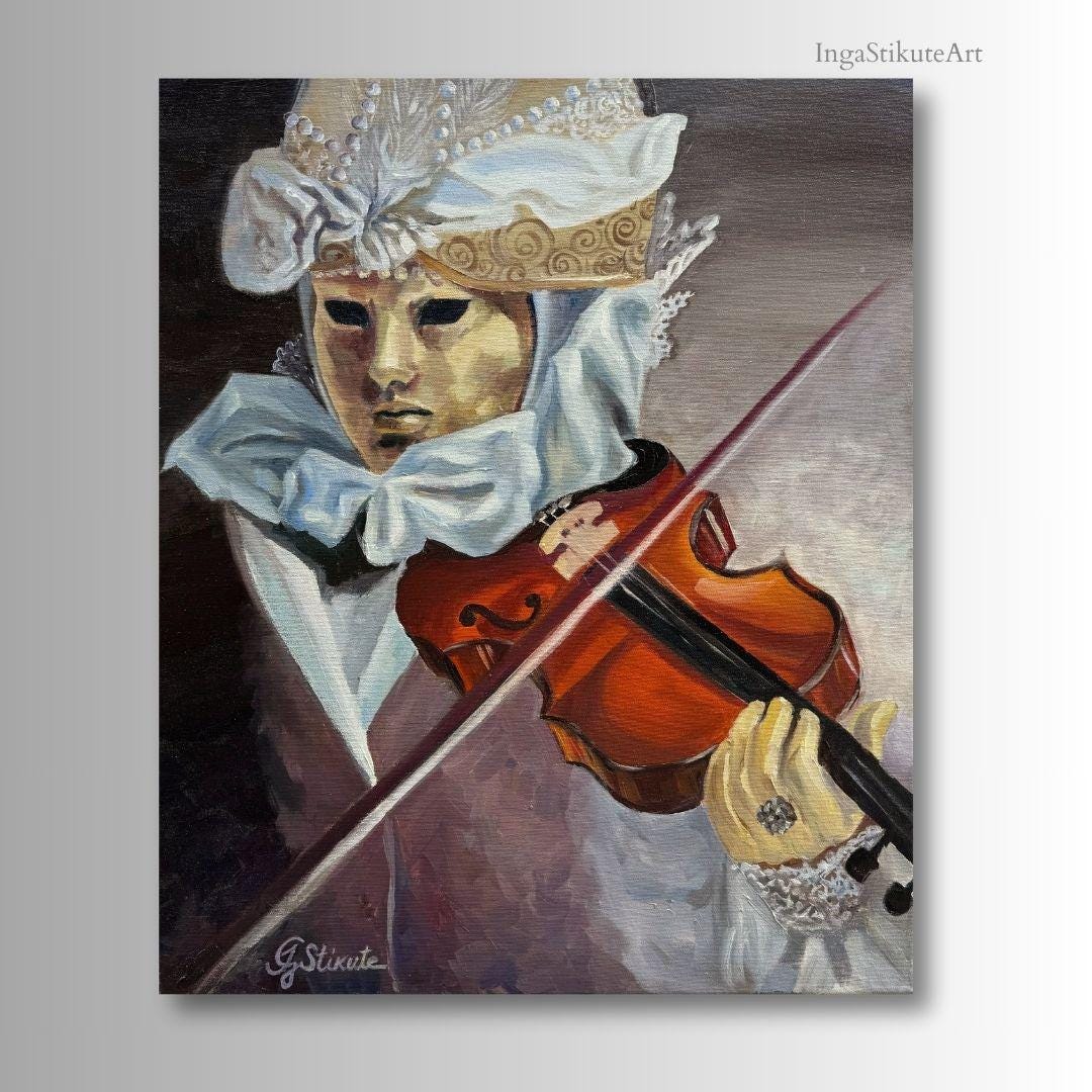 Venetian Mask Oil Painting – Baroque Violinist Portrait, Gold Face ...