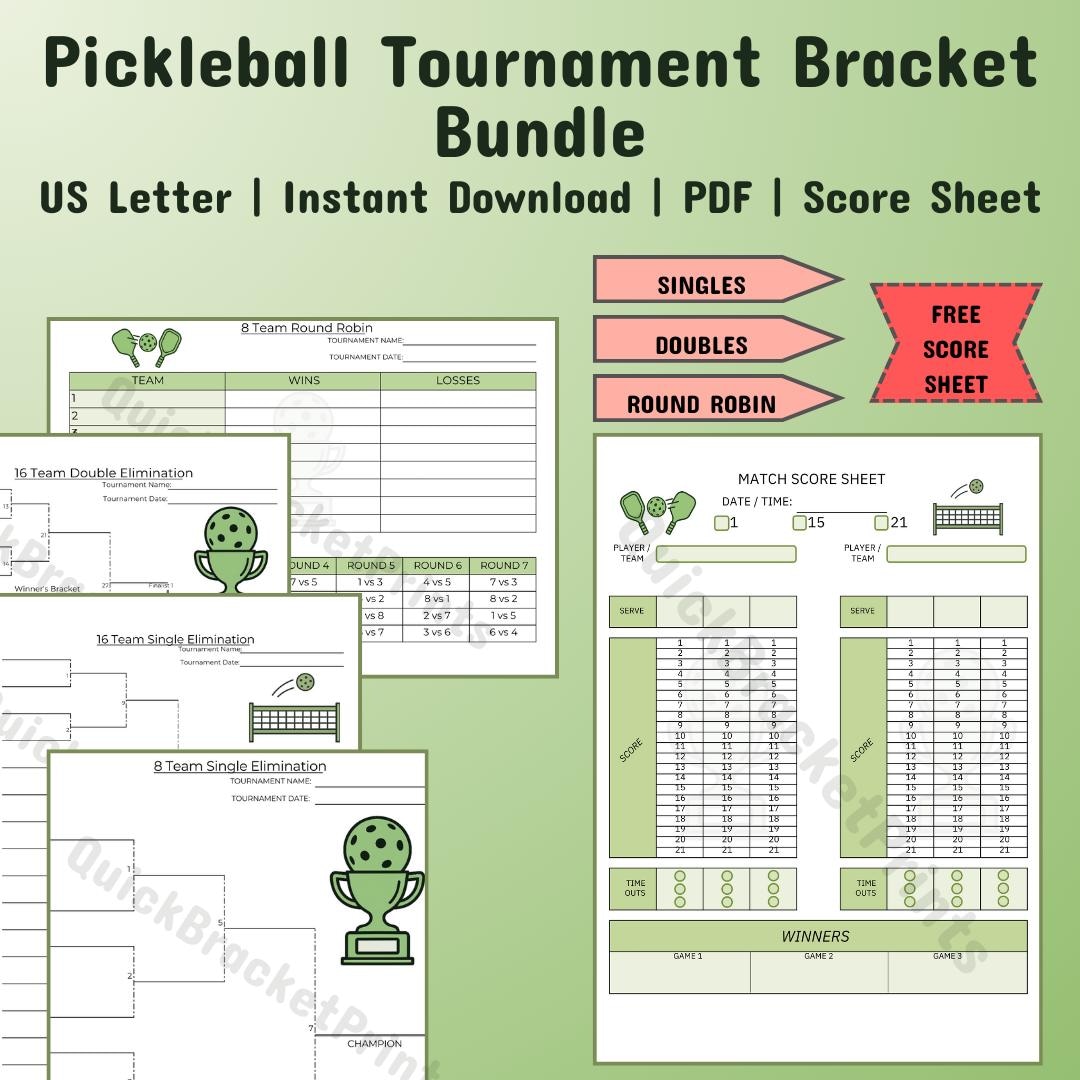 Pickleball Score Sheet + 8-16-32 Team Tournament Bracket Bundle | Round ...