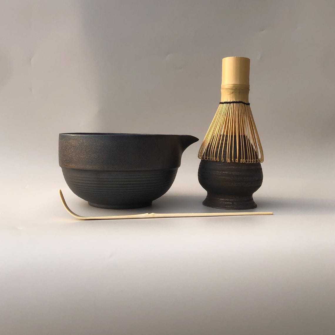 Handmade Ceramic Matcha Tea Set: Golden Brown Spiral Bowl, Whisk ...