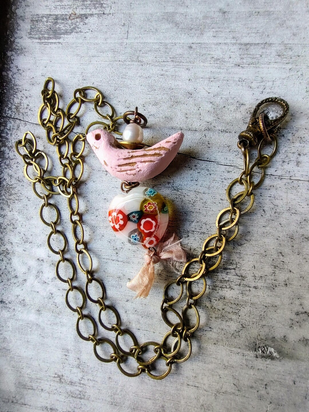 Pink Bird Necklace Brass Chain Pendant Necklace With Bird, Pearl, Heart ...