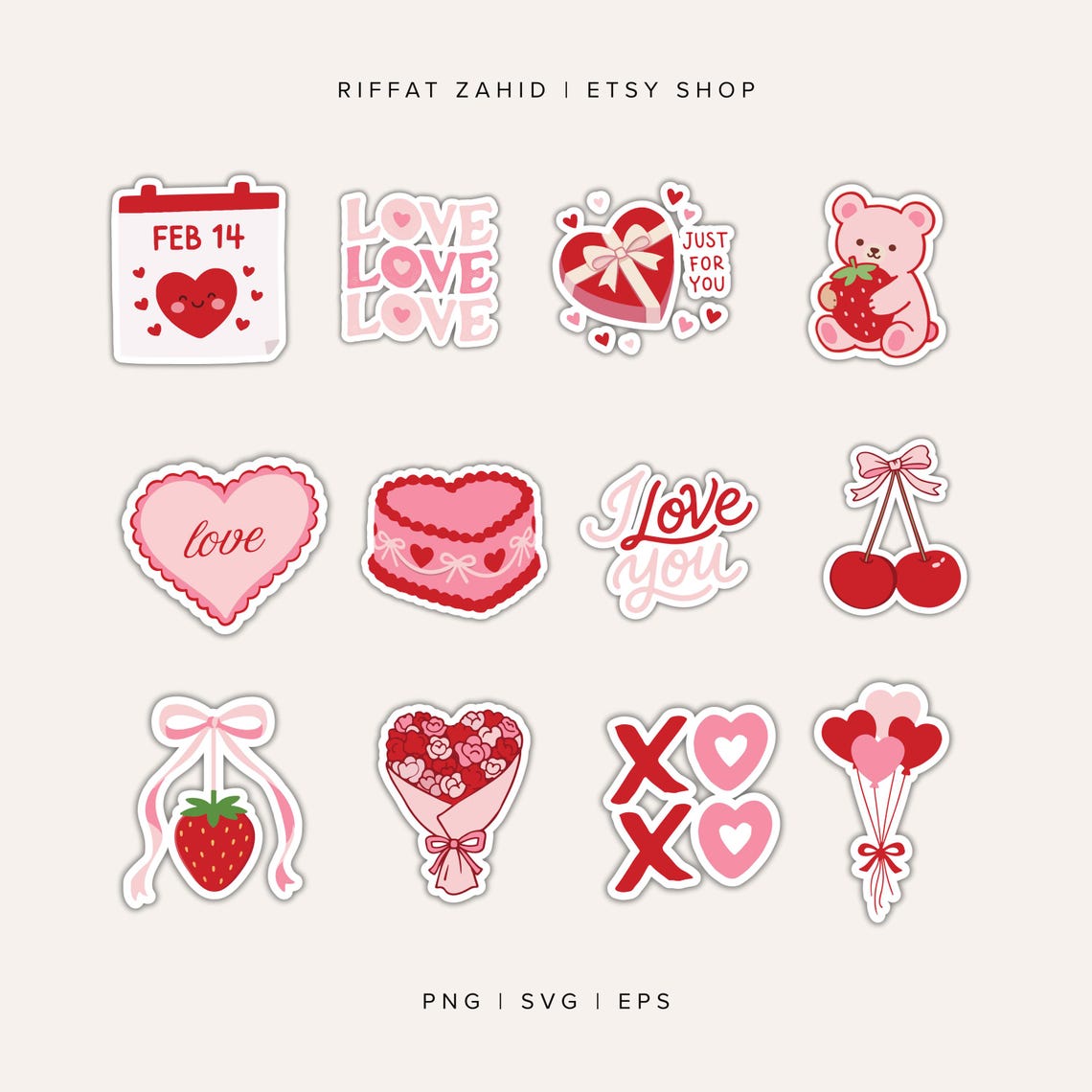 50 Digital Valentine's Day Stickers | Valentine Vinyl Sticker PNG, SVG ...