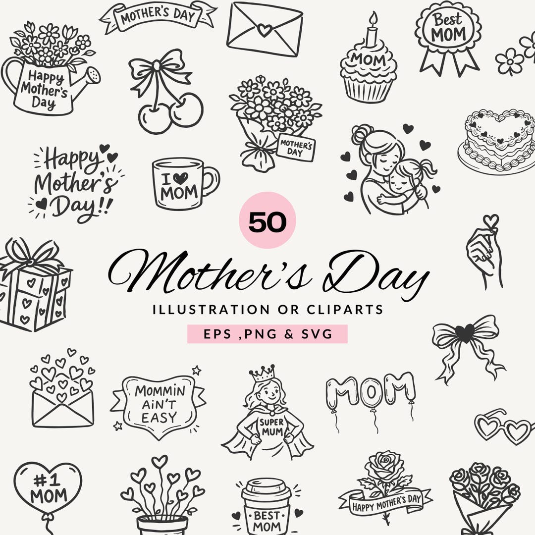 50 Hand Drawn Mothers Day Clipart Bundle | Mother's Day Illustration ...