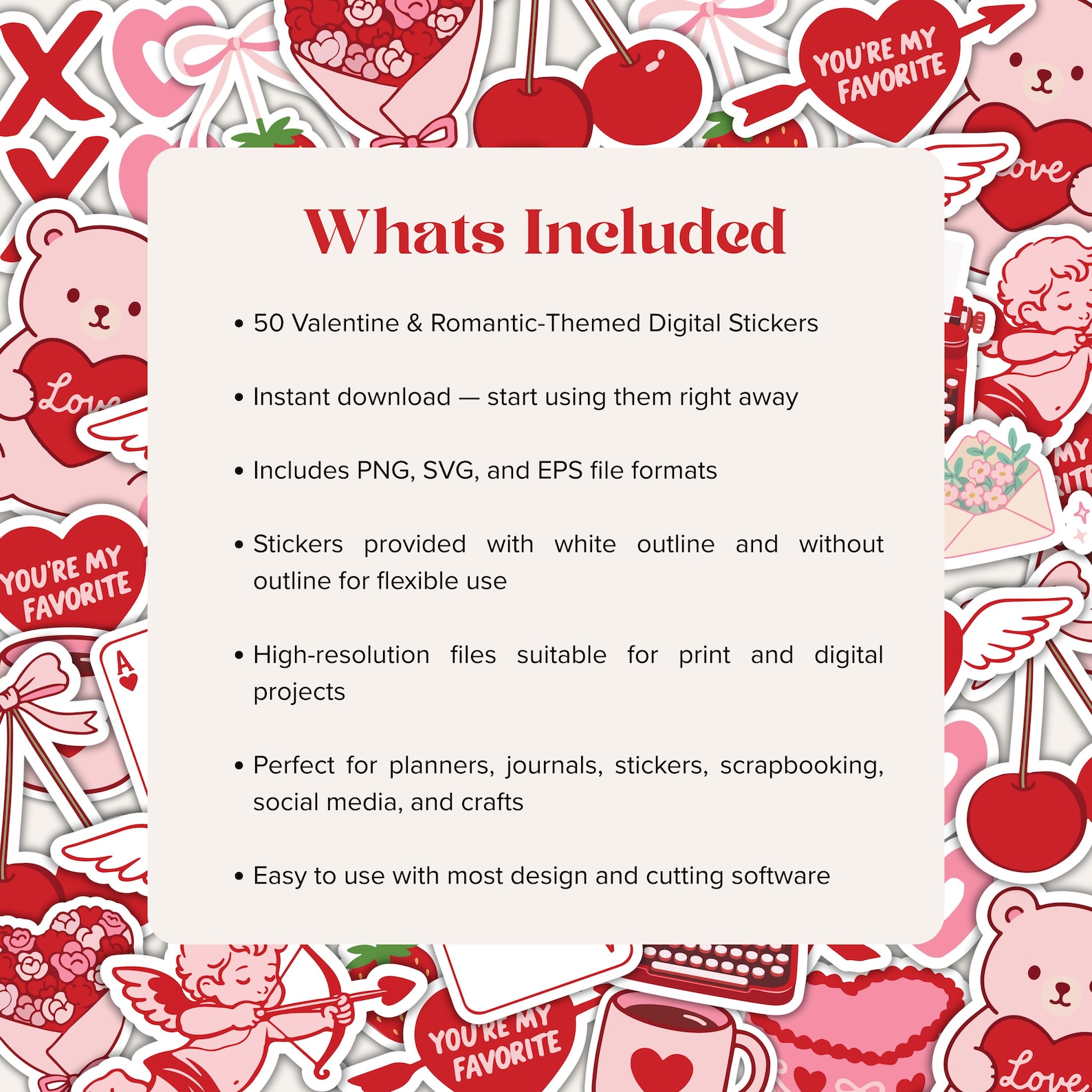 50 Digital Valentine's Day Stickers | Valentine Vinyl Sticker PNG, SVG ...
