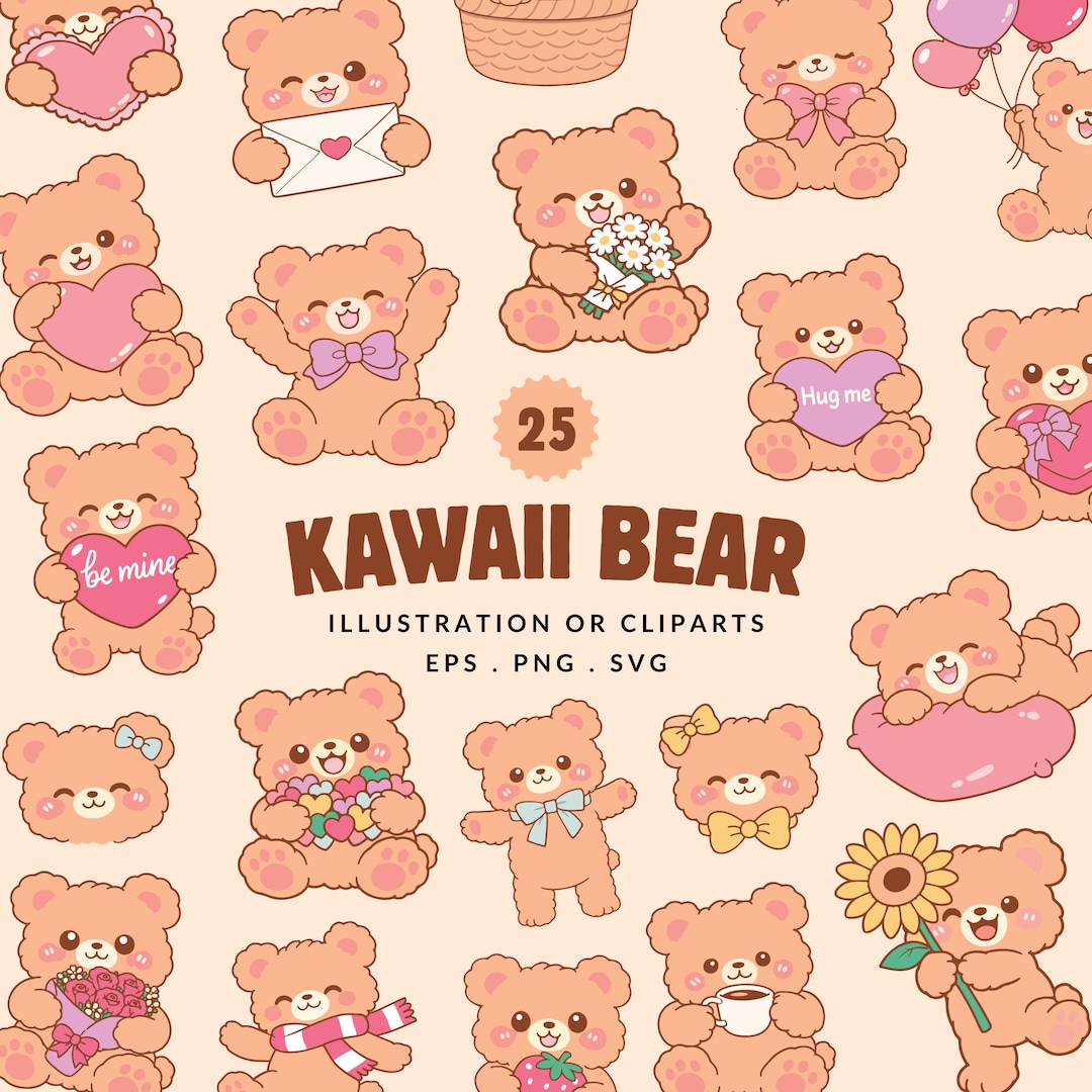 25 Digital Kawaii Teddy Bear Illustration | Valentine's Day Bear ...