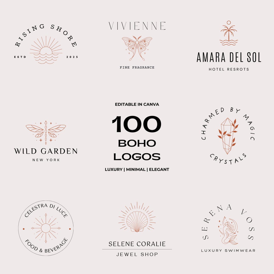 100 Premade Boho Logos | Editable Boho Logo Design | Minimal Logo ...