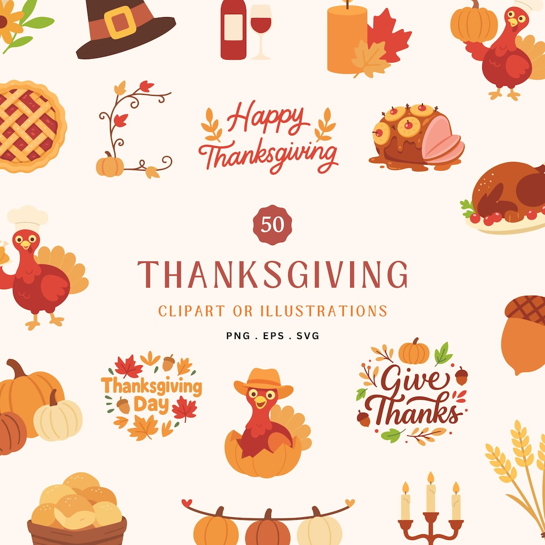 50 Thanksgiving Illustration Set | Friendsgiving Dinner Invitation ...