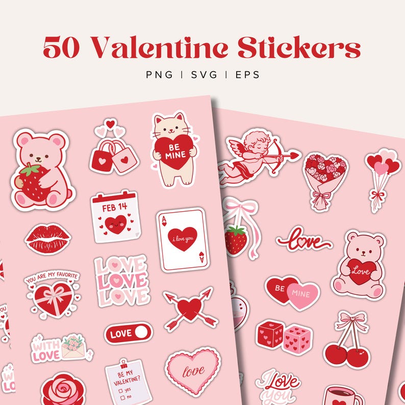 50 Digital Valentine's Day Stickers | Valentine Vinyl Sticker PNG, SVG ...