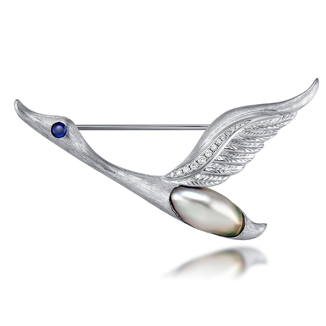 Goose Brooch in 18K Gold | Natural Keshi Pearl Sapphire Diamond | Bird ...