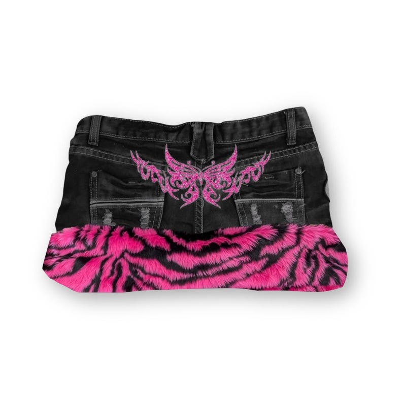 Reworked Y2K Mcbling Scene Rave Fur Trim Denim Mini Skirt - Etsy