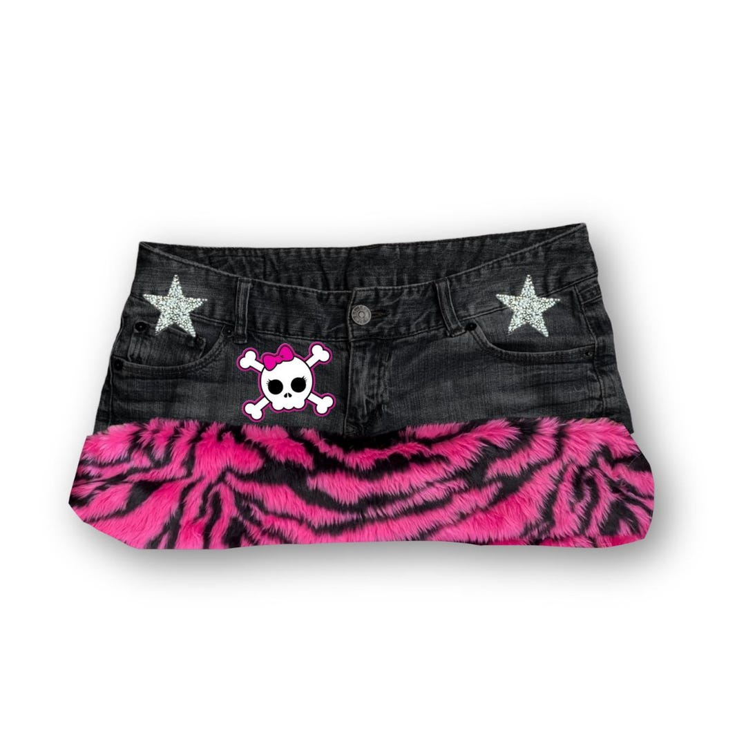 Reworked Y2K Emo Scene Trashy Rave Fur Trim Denim Mini Skirt - Etsy