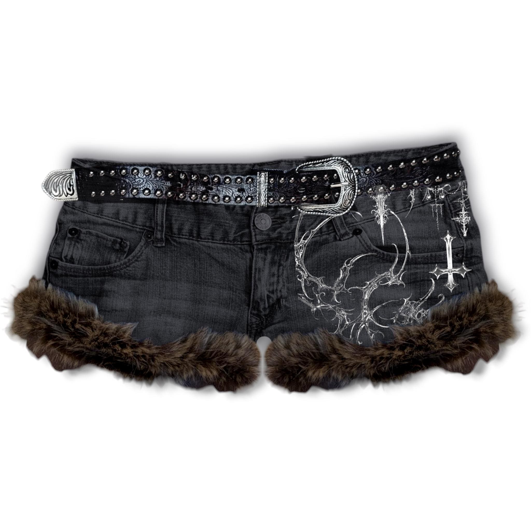 Y2K Sigilism Emo Goth Grunge Gyaru Fur Trim Denim Micro Shorts - Etsy