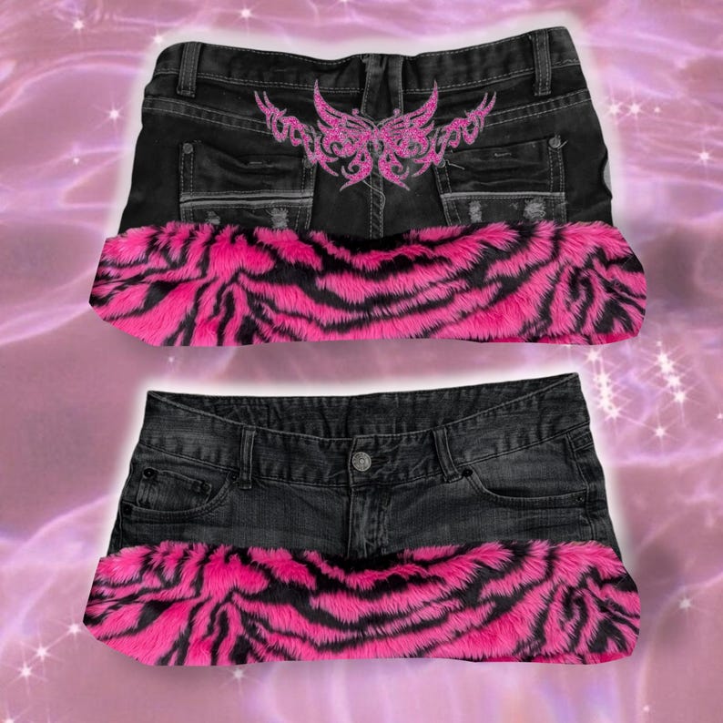 Reworked Y2K Mcbling Scene Rave Fur Trim Denim Mini Skirt - Etsy