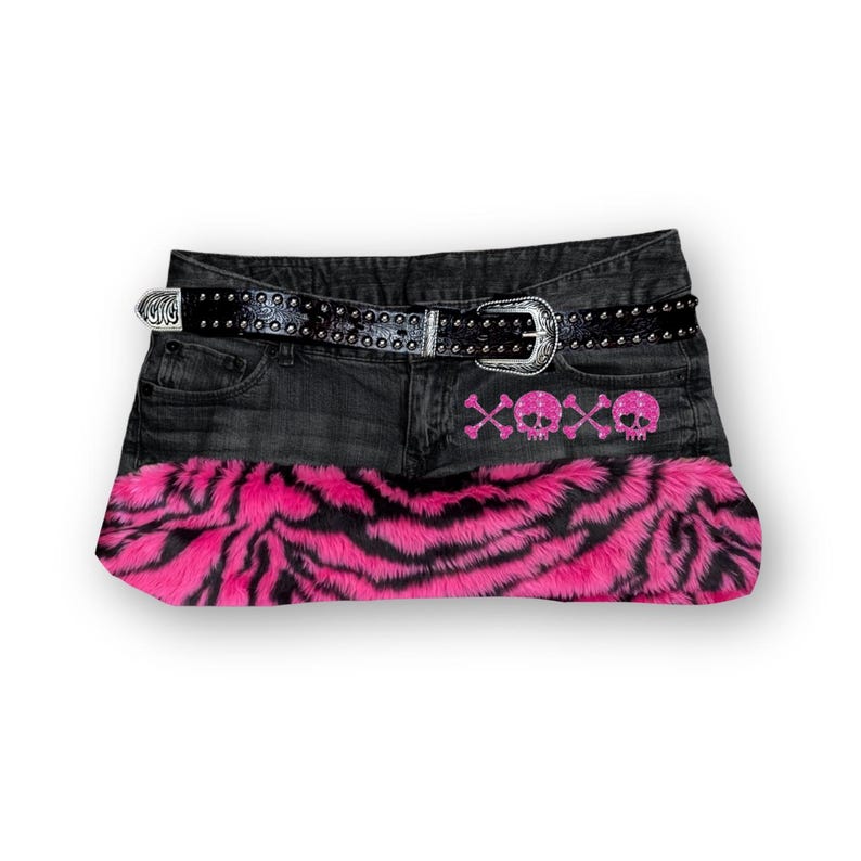 Reworked Y2K Emo Scene Rave Fur Trim Denim Mini Skirt - Etsy