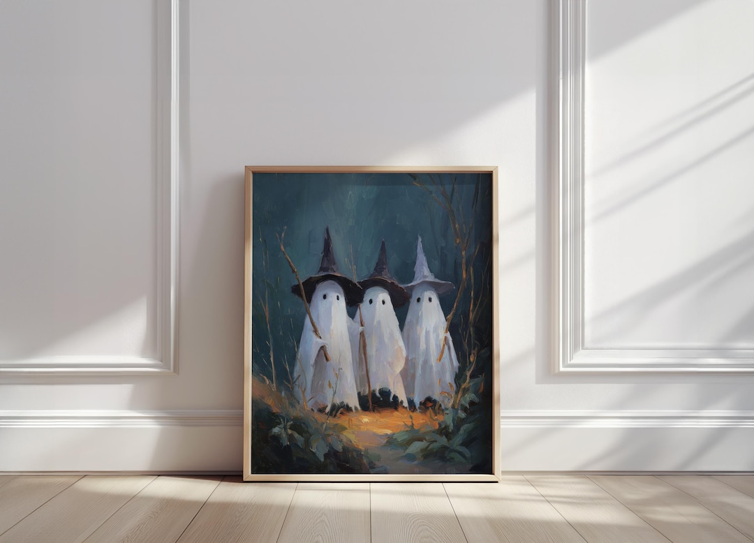 Three White Ghosts With Witch Hats Oil Painting | Halloween Art in Dark ...