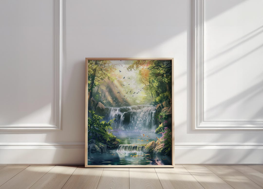 Forest Waterfall Watercolor Painting | Serene Nature Landscape Wall Art ...