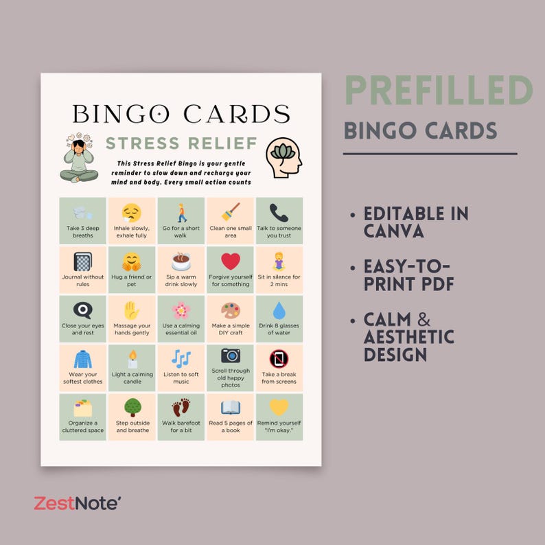 Stress Relief Bingo Cards Printable – Anxiety Calming Game for Adults, Mental Wellness Activity ...