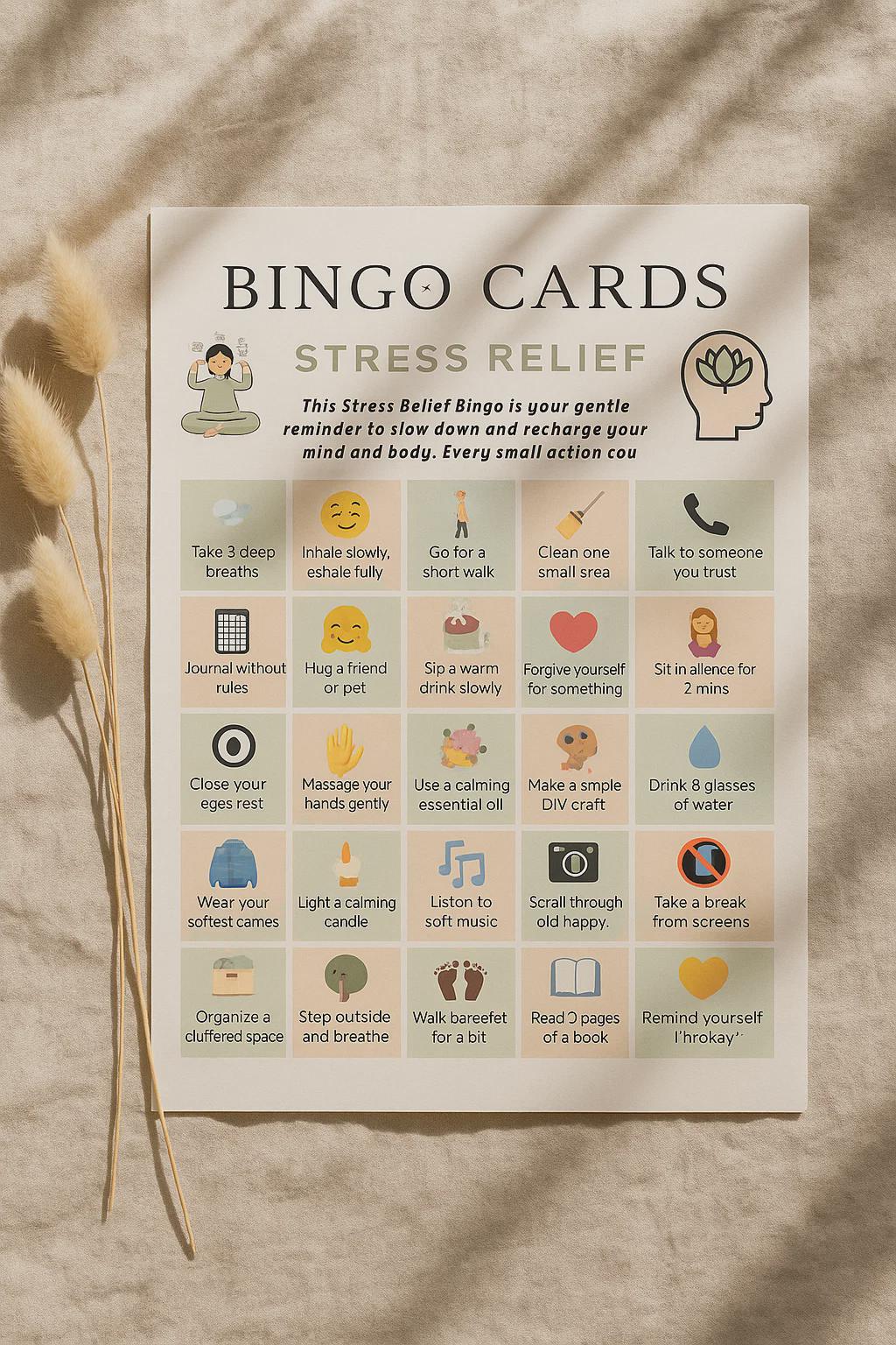 Stress Relief Bingo Cards Printable – Anxiety Calming Game for Adults ...