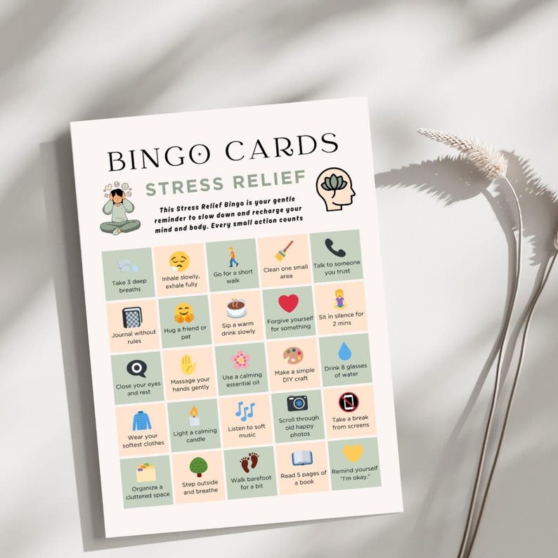 Stress Relief Bingo Cards Printable – Anxiety Calming Game for Adults ...
