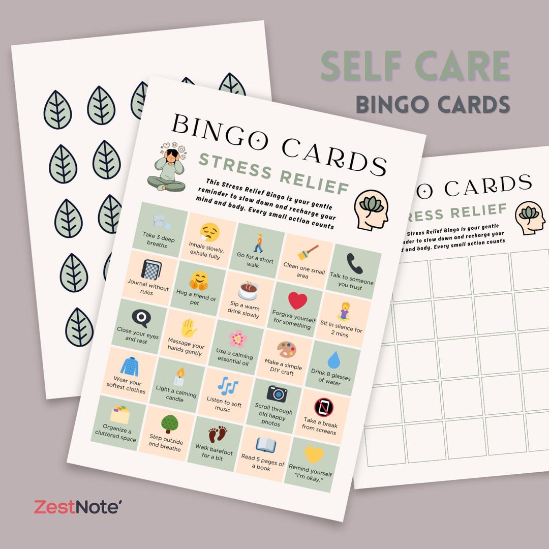 Stress Relief Bingo Cards Printable – Anxiety Calming Game for Adults ...