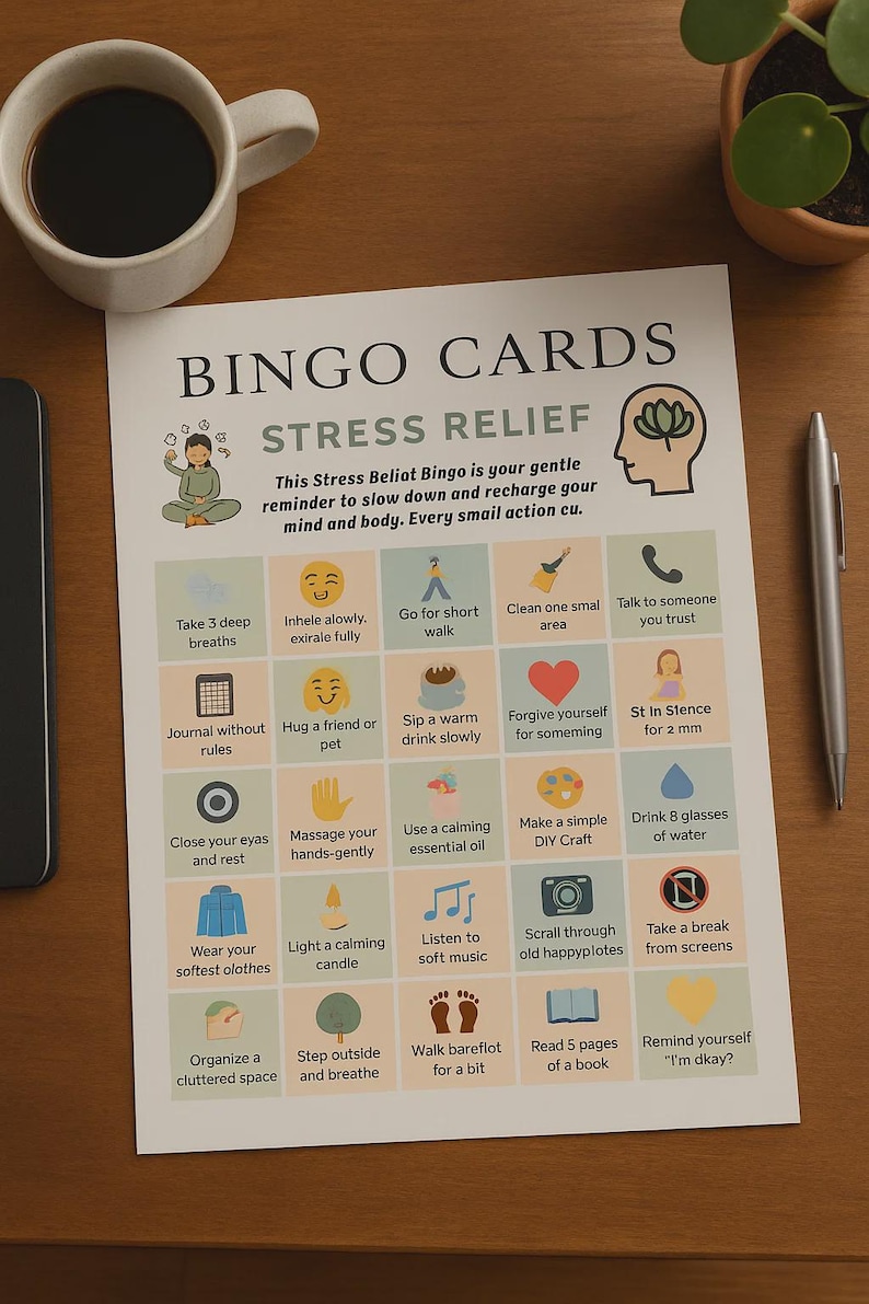 Stress Relief Bingo Cards Printable – Anxiety Calming Game for Adults ...
