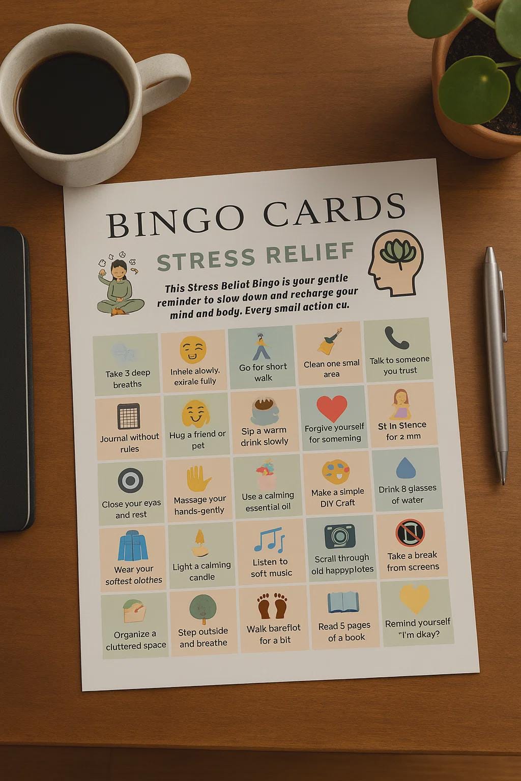 Stress Relief Bingo Cards Printable – Anxiety Calming Game for Adults ...