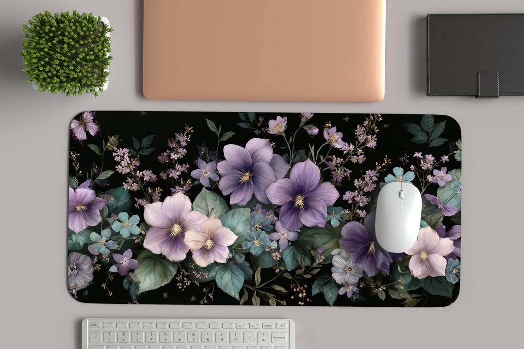 Woodland Violets Desk Mat, Dark Cottagecore Office Decor, Floral Mouse ...