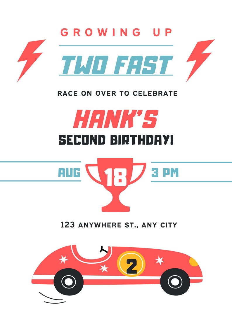 Two Fast Birthday Card Canva Template | Editable Race Car Theme for 2nd ...