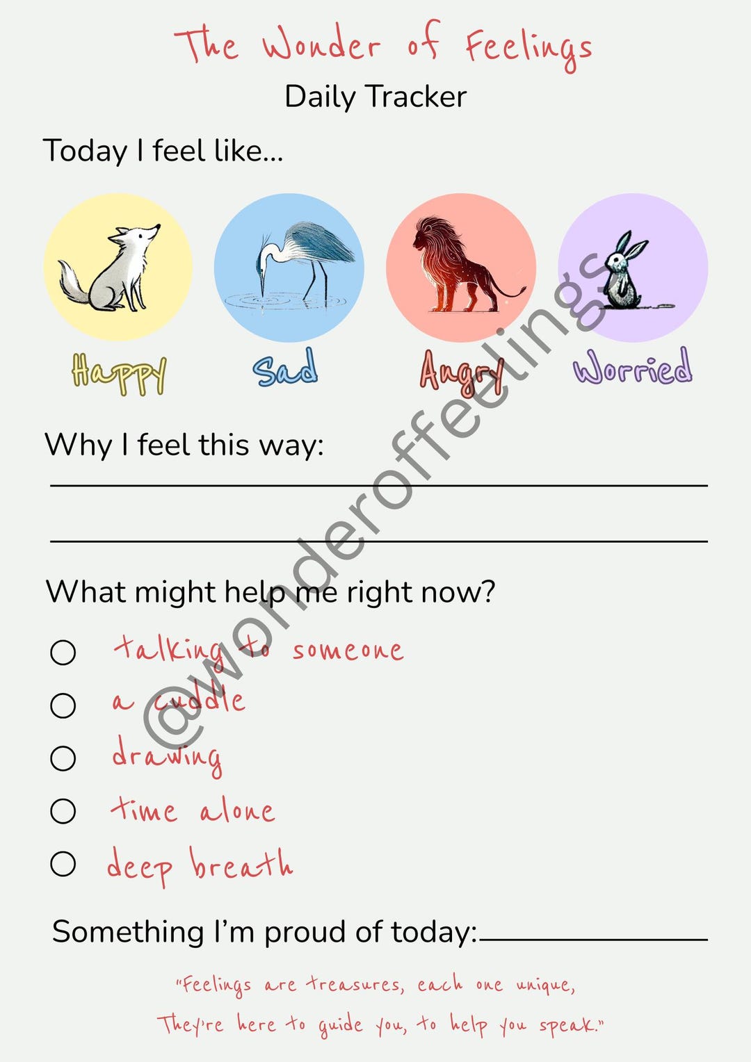 Printable Daily Feelings Tracker for Kids | Emotion Chart With Animal ...