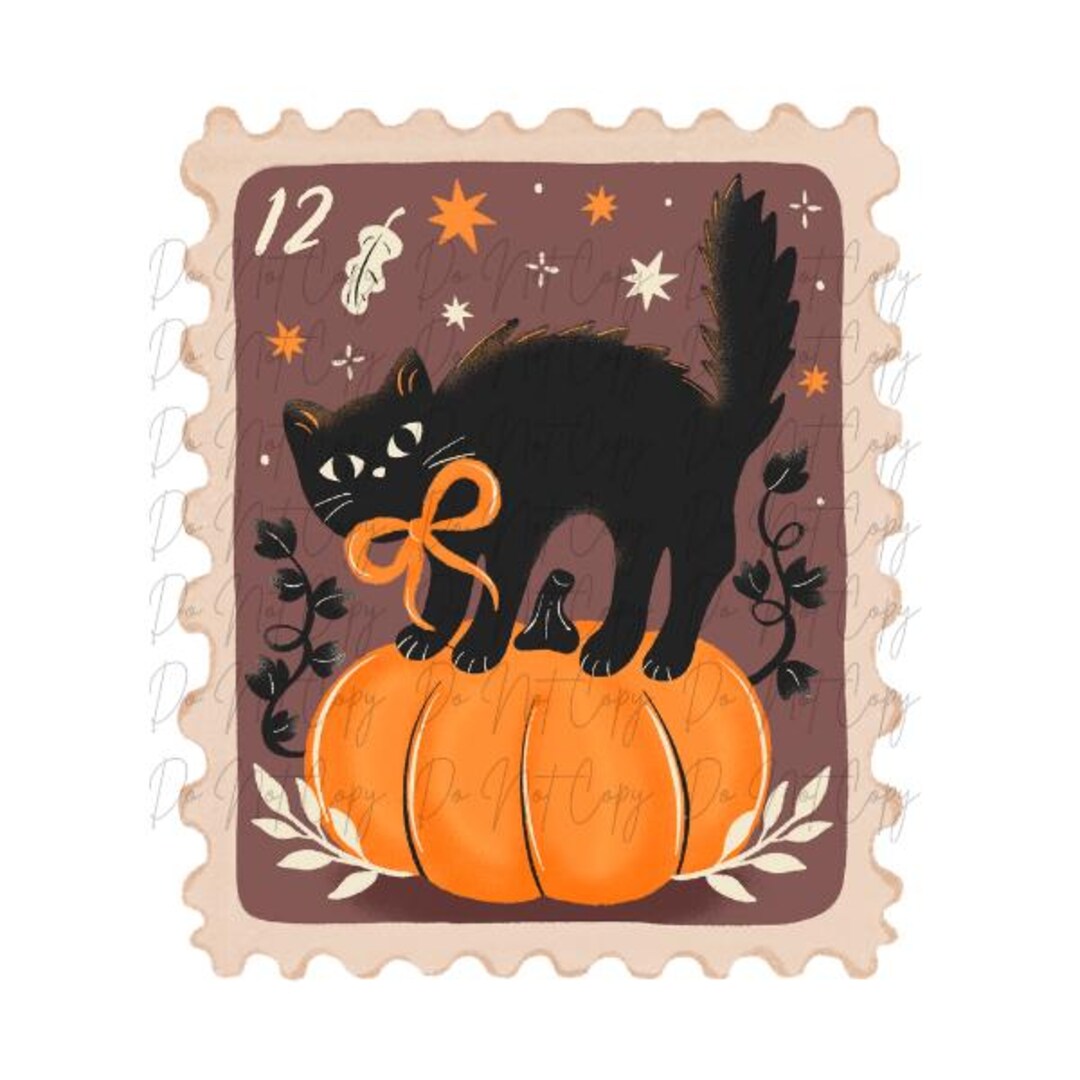 Halloween Postage Stamp DTF, Black Cat Transfer, Ready to Press, Iron ...