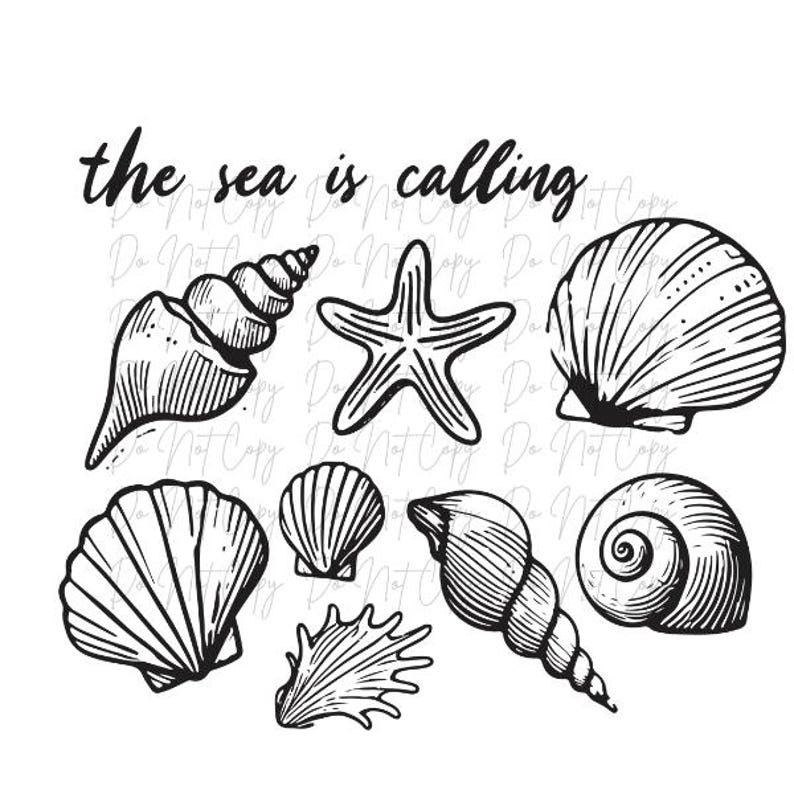 Summer, the Sea is Calling, Seashell Collage Black Font DTF Transfer ...