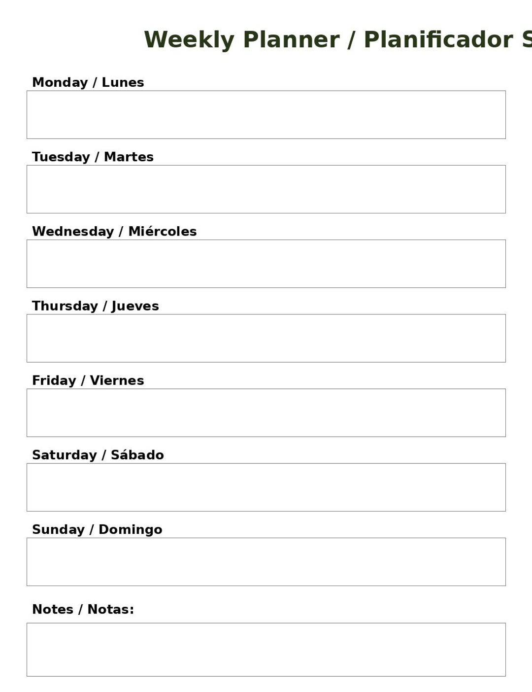 Weekly Planner – Bilingual English & Spanish | Printable PDF ...