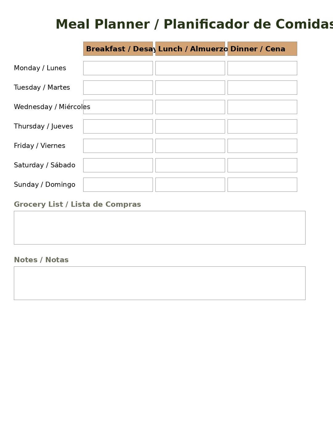 Weekly Meal Planner – Bilingual English and Spanish | Grocery List ...