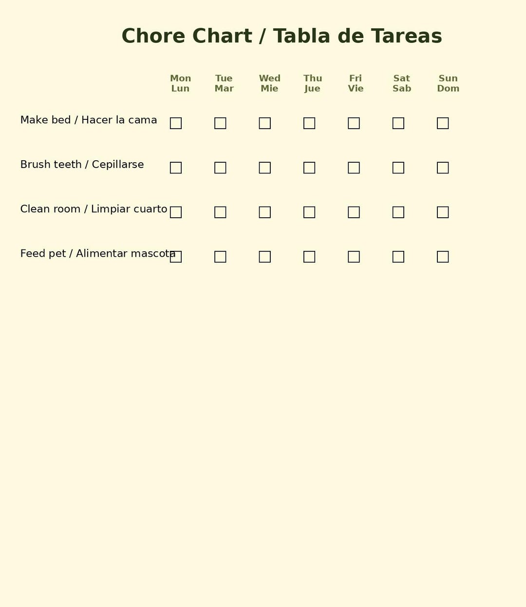 Kids Chore Chart – Bilingual English & Spanish | Editable Weekly ...