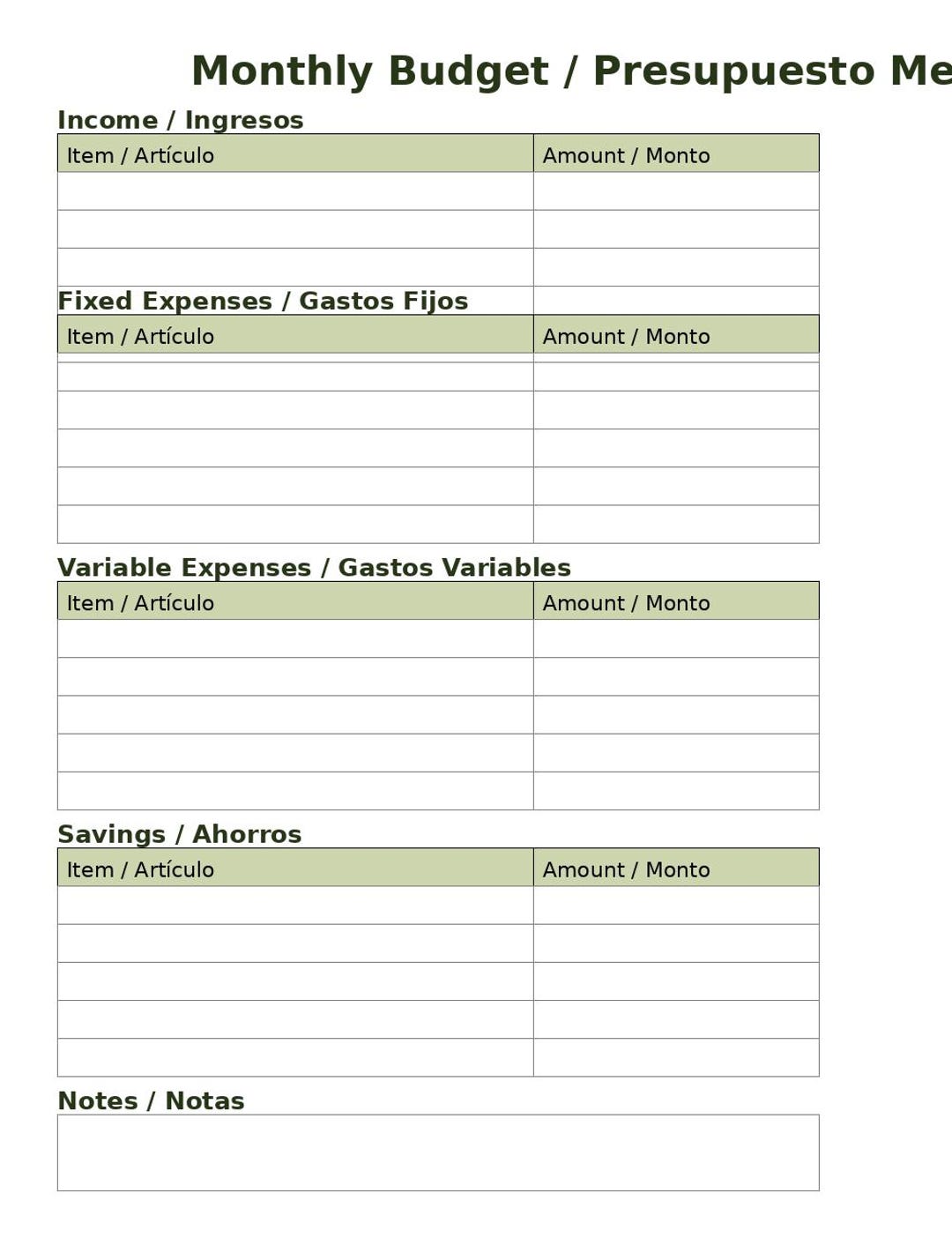 Monthly Budget Planner, Bilingual English and Spanish , Printable ...
