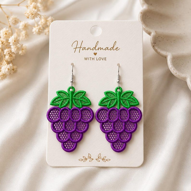FSL Earrings, Machine Embroidery Design, Purple Grape Lace Earrings ...