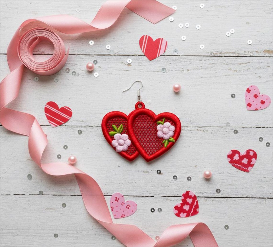 FSL Earrings - Machine Embroidery Design - Floral Heart Lace Earring ...