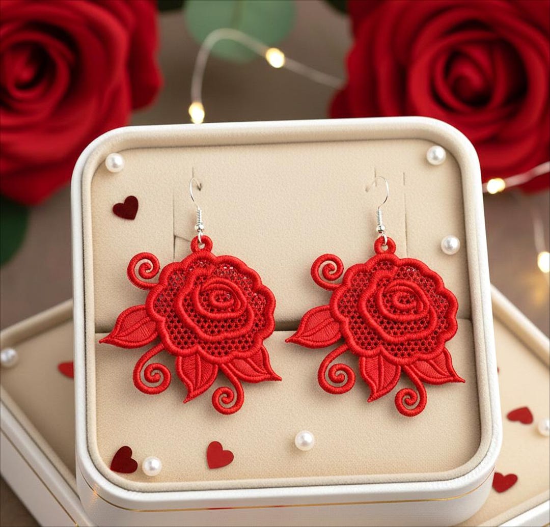 FSL Earrings. Machine Embroidery Designs. Valentine Day Earrings. Red ...