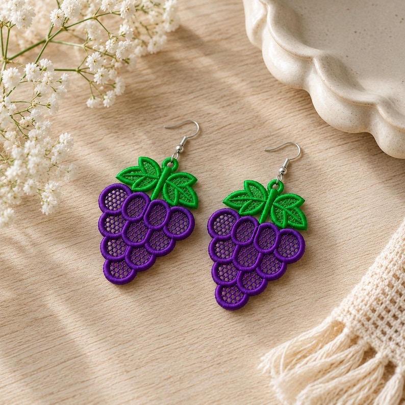 FSL Earrings, Machine Embroidery Design, Purple Grape Lace Earrings ...