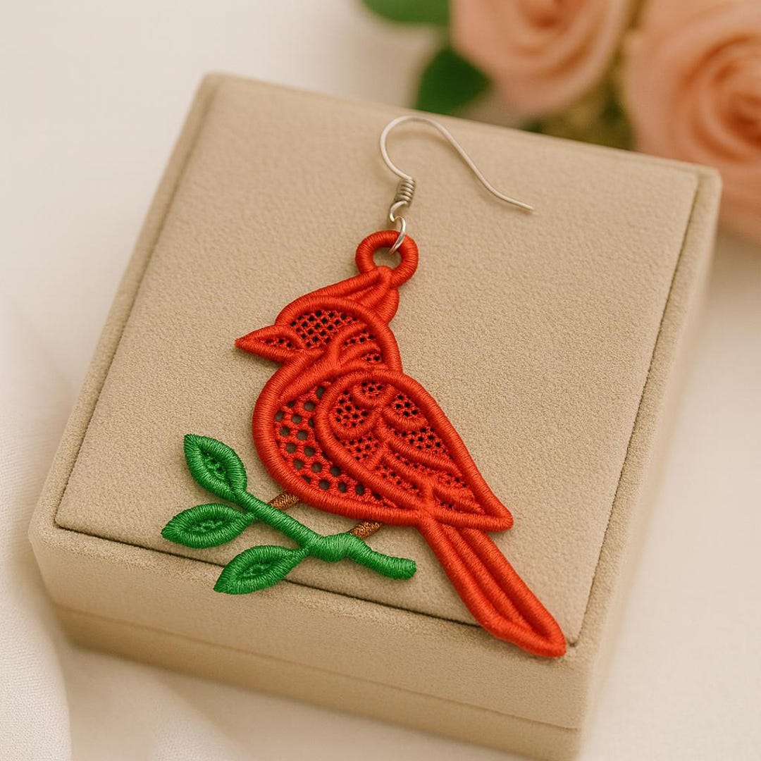 FSL Earring - Machine Embroidery Design - Bird Earring - Red Bird Lace ...