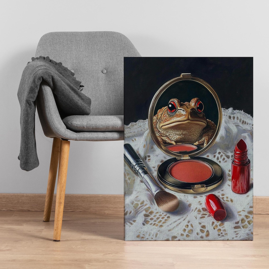 Frog in Mirror Makeup Art Print, Surreal Amphibian Beauty Vanity Canvas ...