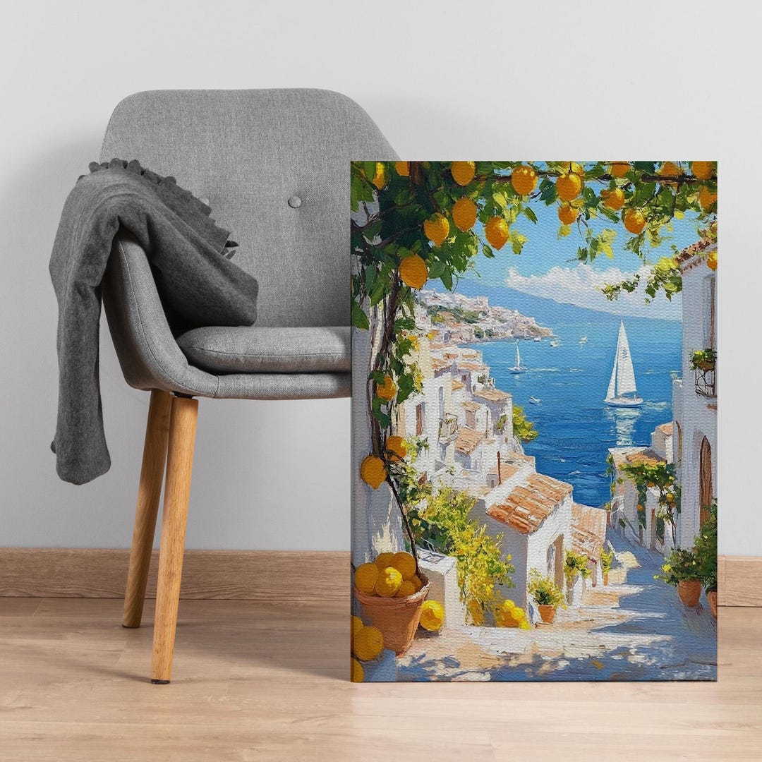 Mediterranean Lemon Street Canvas Wall Art, Coastal Village View With ...