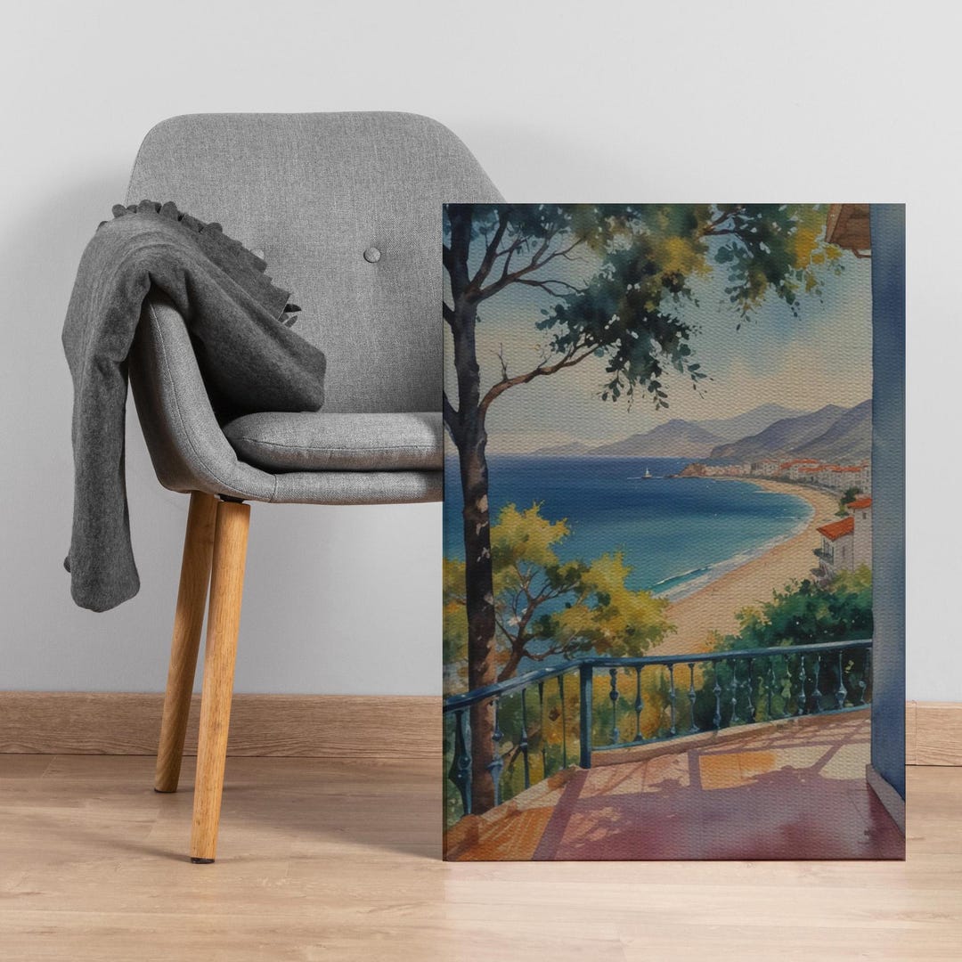 Mediterranean Balcony Canvas Wall Art, Coastal View Print With Ocean ...
