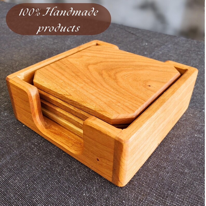 Handmade Cherry Wood Coaster Set: Rustic, Customizable, Housewarming ...