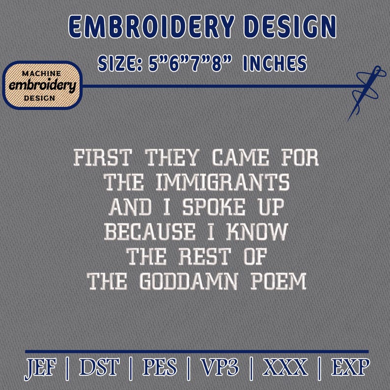 First They Came Embroidery Design | Human Rights Protest Quote Machine ...