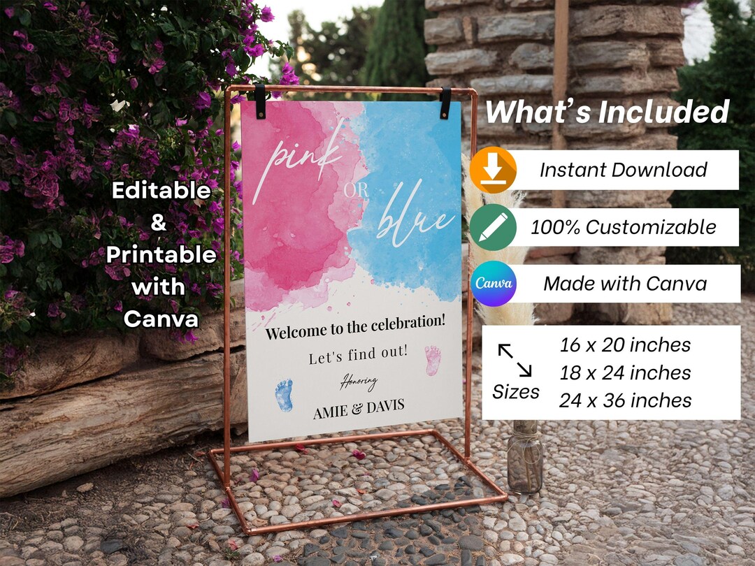 Editable Pink or Blue Gender Reveal Welcome Sign Template Downloadable ...